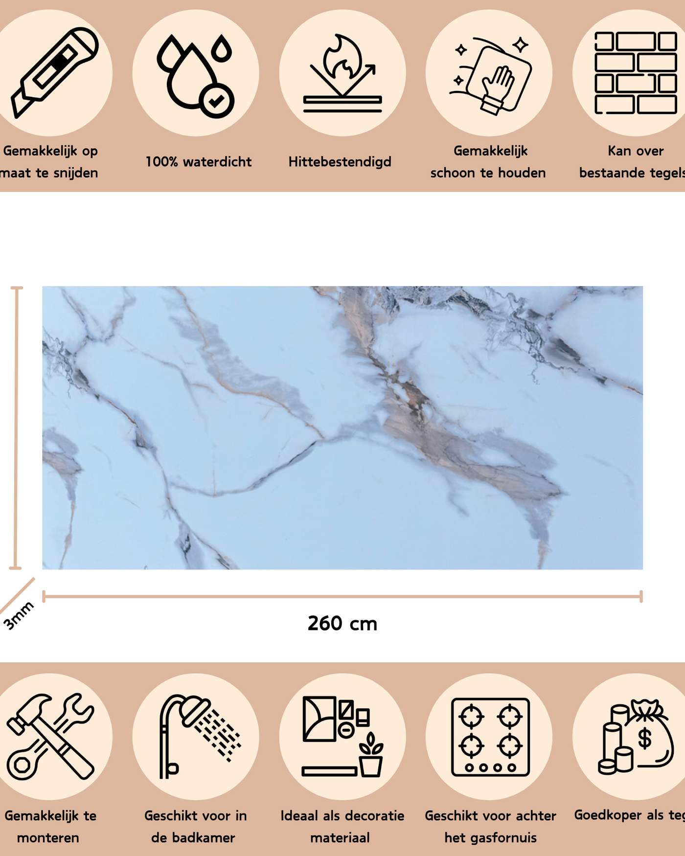 PVC marmeren wandpanelen - Calacatta wit - 260x122cm – Combimeubels